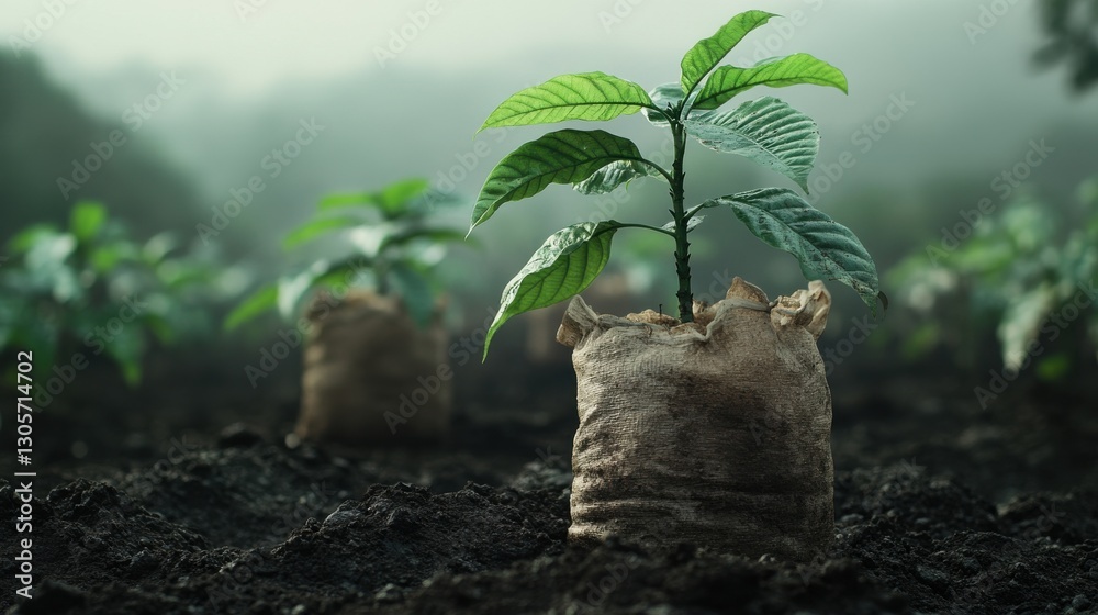 Young cacao seedlings growing in biodegradable bags at a sustainable ...