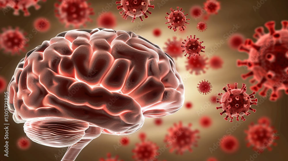 Close-up of a human brain with glowing microscopic parasites crawling ...