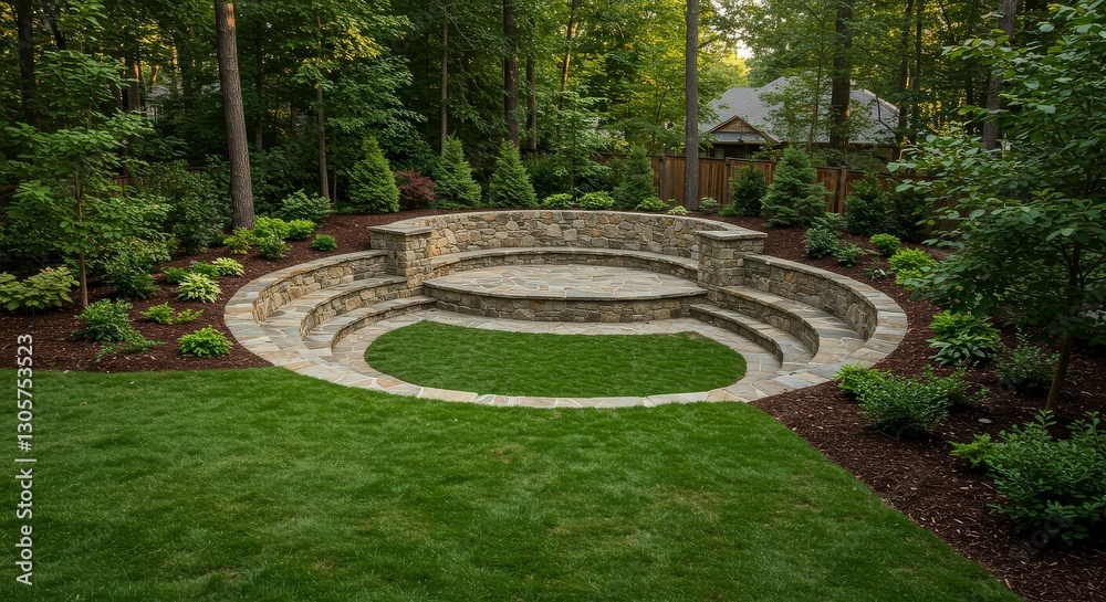Stone Amphitheater Backyard Garden Design Landscape Design Stock Photo ...