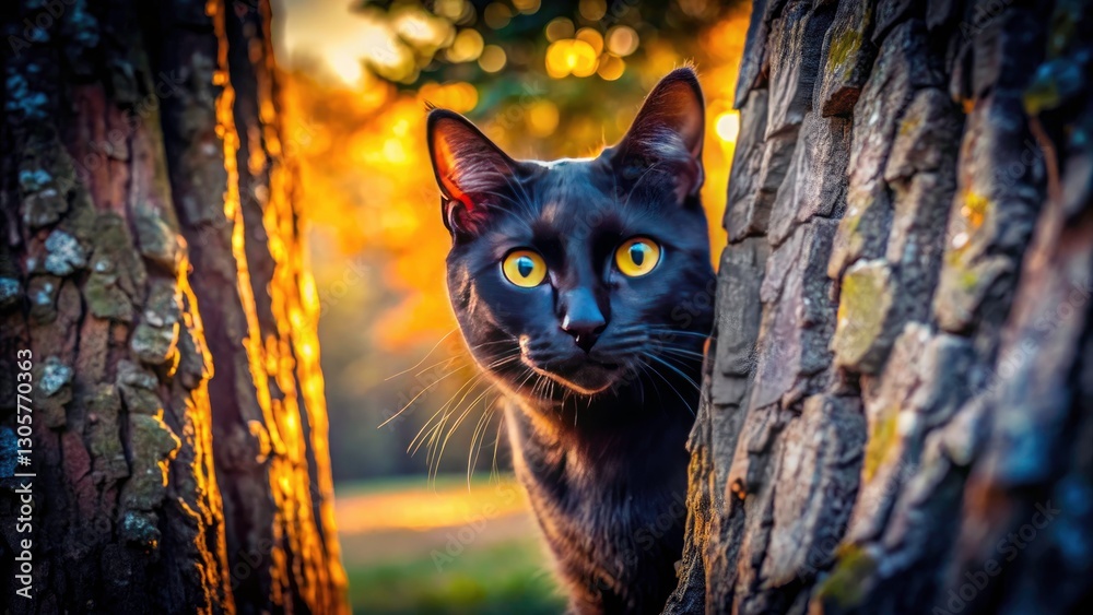 Black Cat Hiding Tree, Rule of Thirds Photography, Mysterious Feline ...