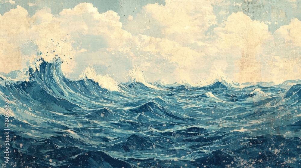 Backdrop of a comic book sea powerful waves with thick ink lines and ...