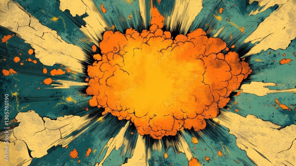 Explosion crater with ink cracks and halftone textures golden yellow ...