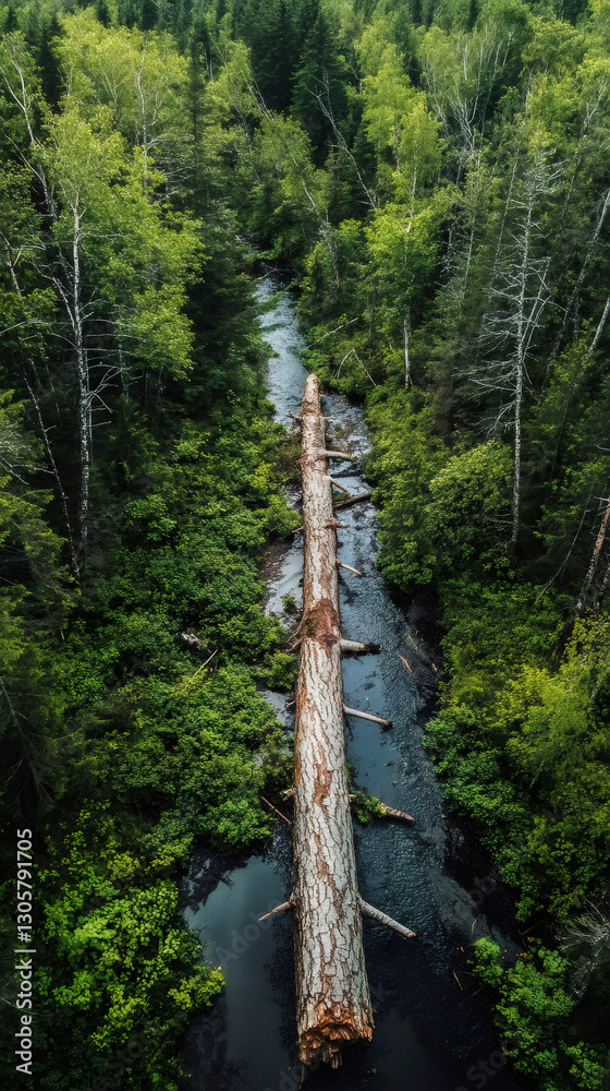 Massive Fallen Tree Blocking River Flow Amid Lush Forest Greenery Creating Natural Obstruction