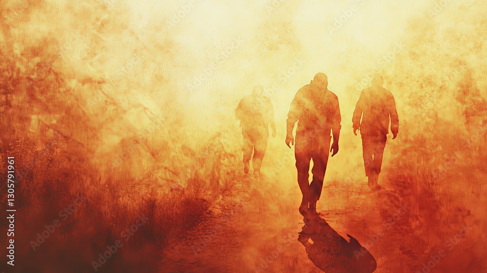 Walking into the unknown, three figures emerge from textured, amber haze that obscures horizon ...