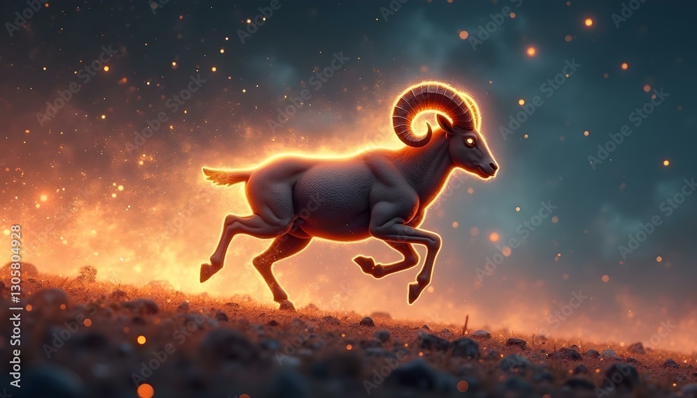 Create a dynamic and intense image where the Aries symbol (ram) is ...