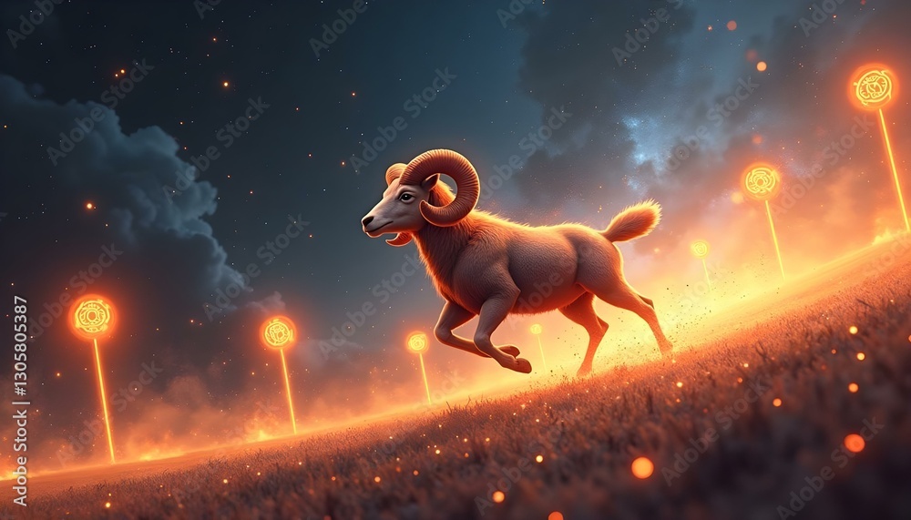 Create a dynamic and intense image where the Aries symbol (ram) is ...