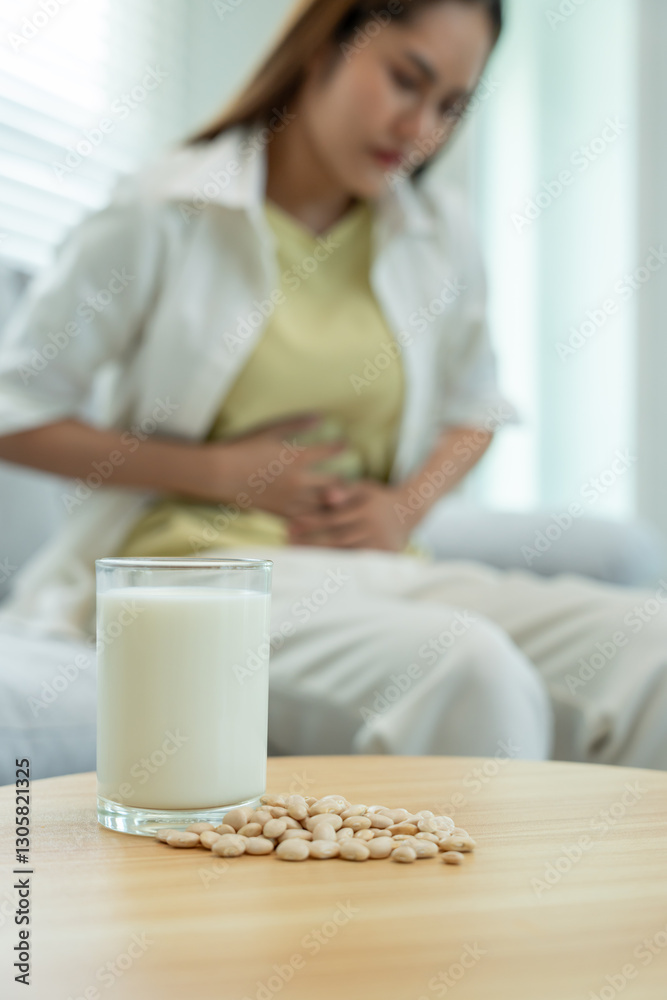 soy allergens, Sick sad unhealthy ill allergic woman, runny stuffy sore ...