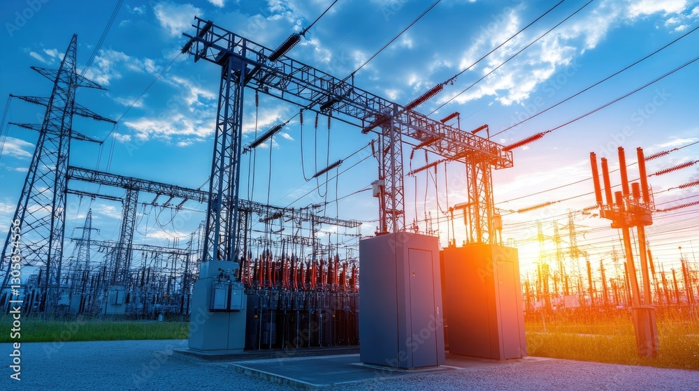 High-voltage electrical substation with large transformers, insulated ...