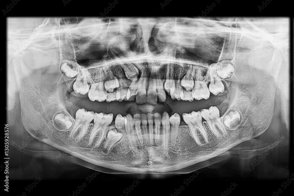 Dental panoramic x-ray of a teenager showing several unerupted ...