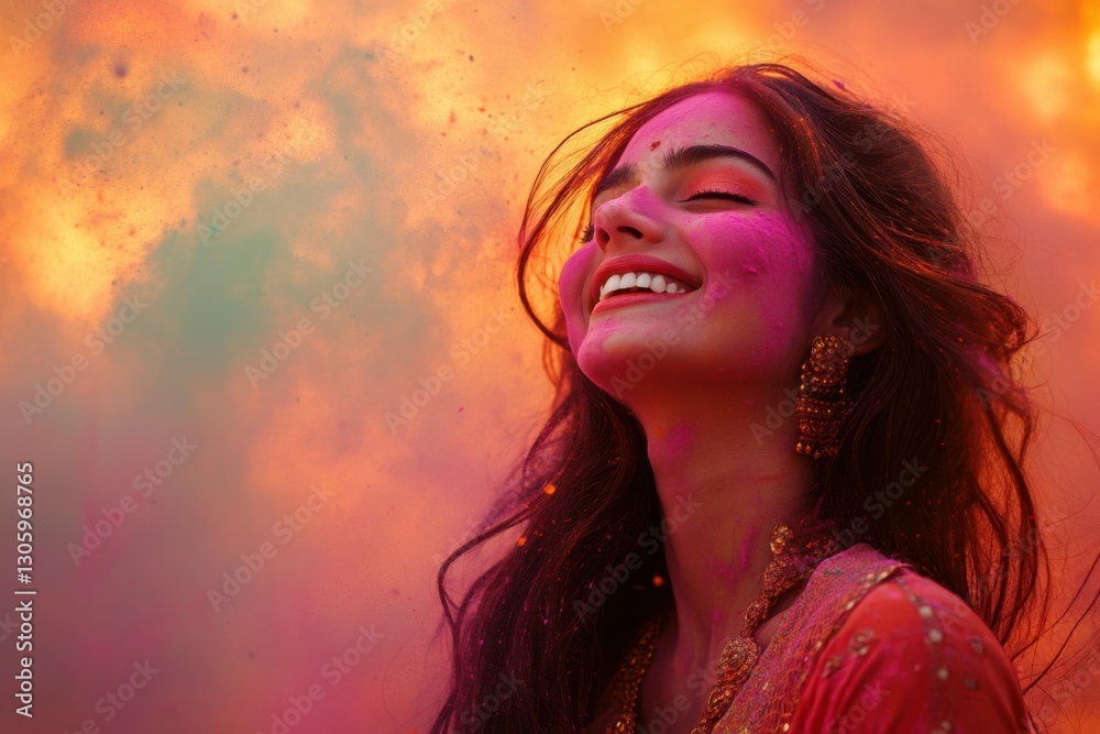 Holi Rang Panchami Portrait of Indian woman enjoying in color powder in ...