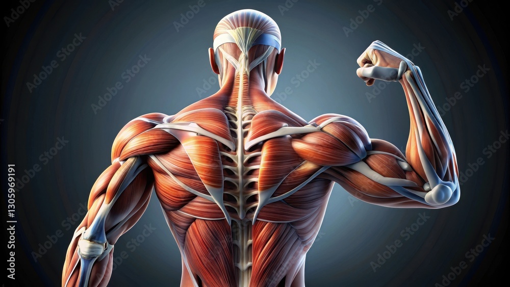 Biceps muscle contracting on humerus from rear view with labeled parts ...
