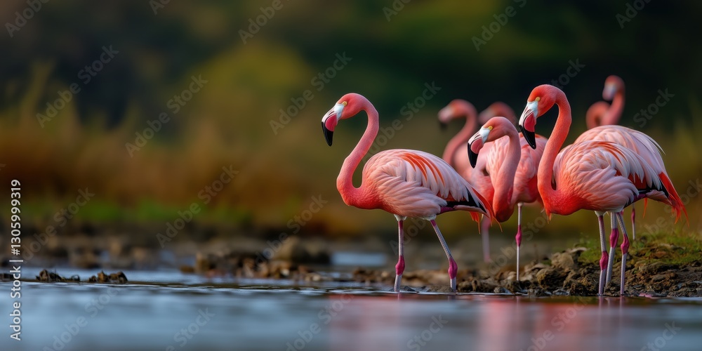 This vibrant image showcases a group of pink flamingos gracefully ...