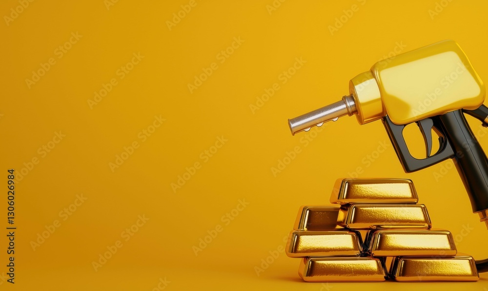 Golden Gas Nozzle Above Gold Bars Depicting Costly Fuel on Solid Color ...