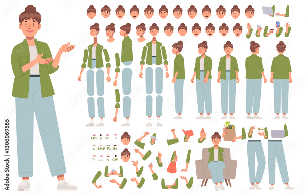 Constructor cute woman character in casual clothes. Housewife or ...