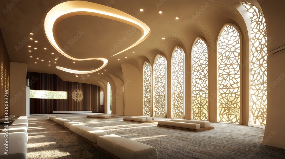 Interior design of a mosque wooden square display prayer room golden ...