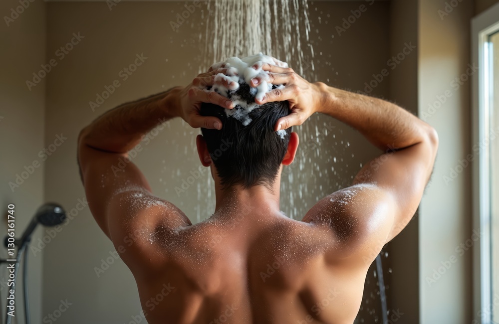 Young man takes hot shower and washes hair. Brunette male model soaps ...