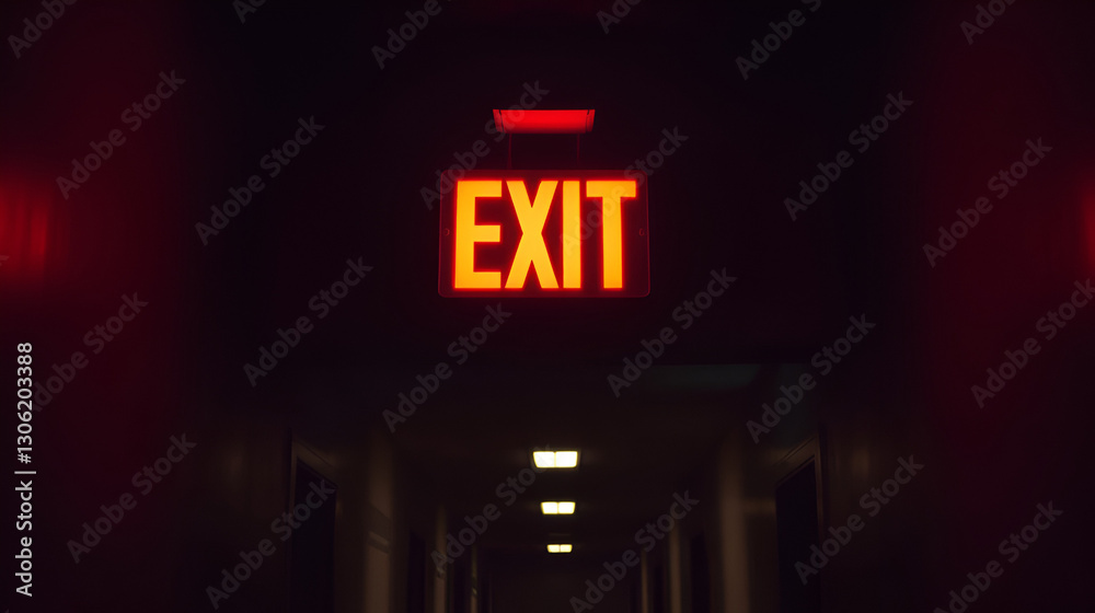 Glowing red exit sign illuminated in darkness. Emergency evacuation ...