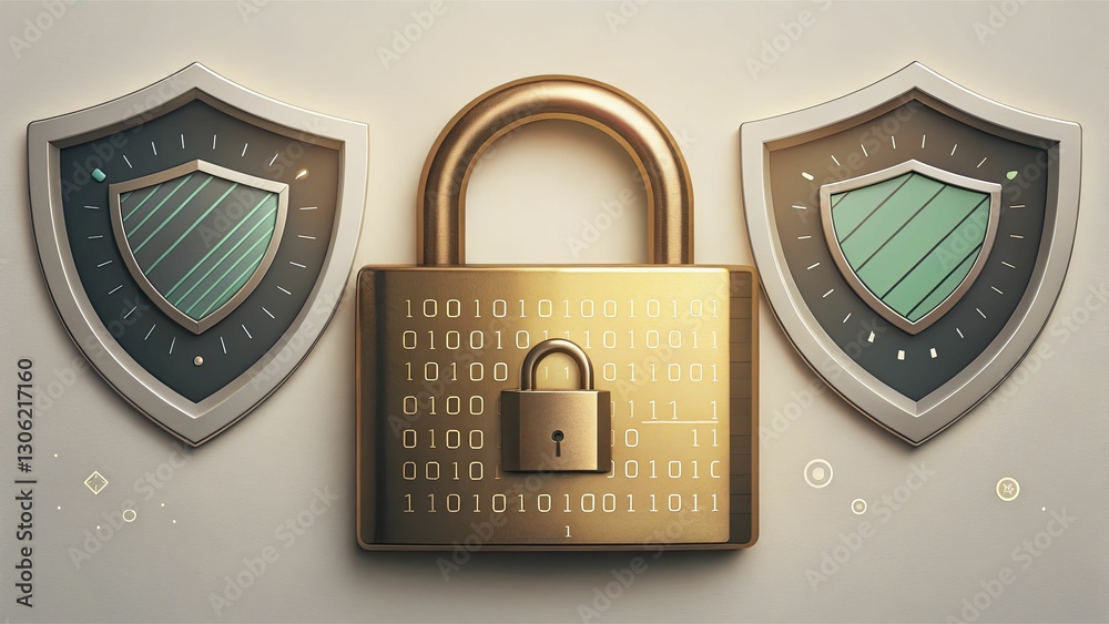 Cybersecurity visuals with a digital lock, binary code, and shield ...