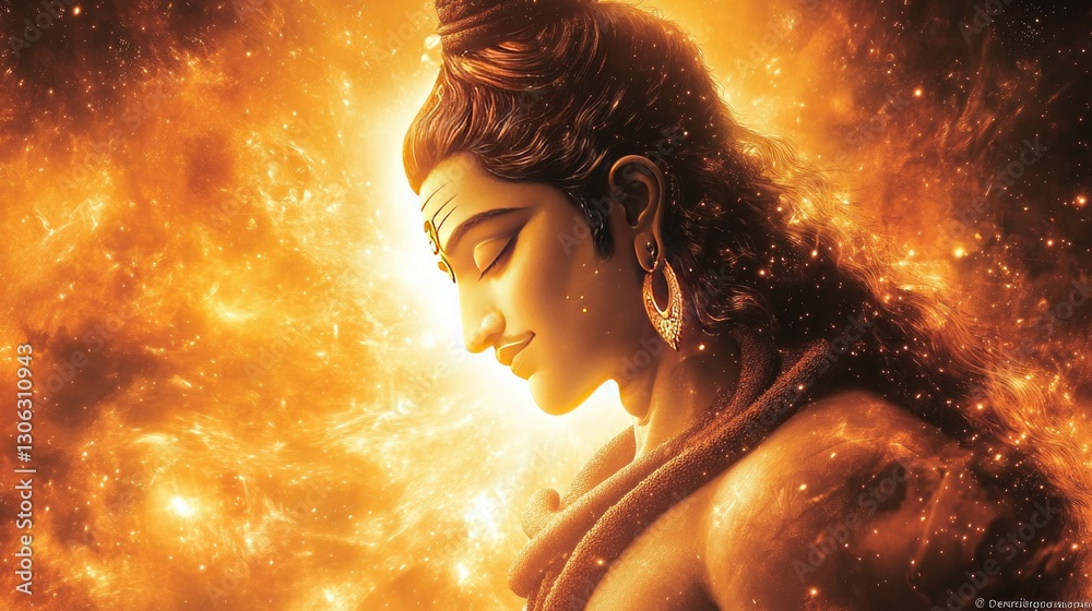 Lord Shiva's radiant face, glowing amidst a cosmic environment, with ...