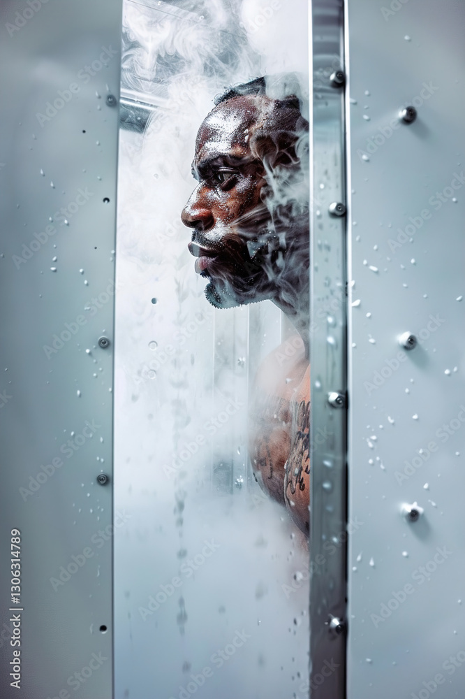 Athlete steps out of cryotherapy chamber surrounded by thick vapor ...