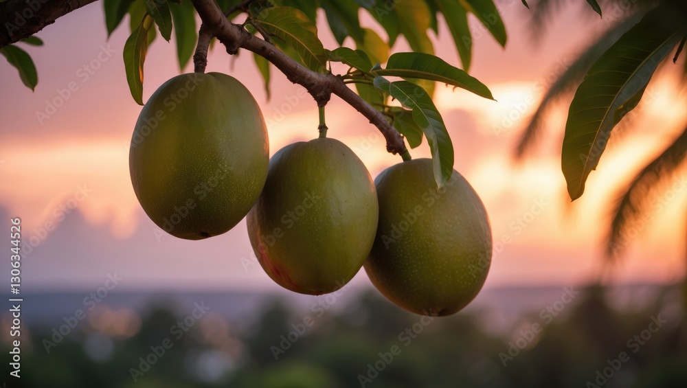 Evening scene of large mangos hanging from a mango tree in Bani ...