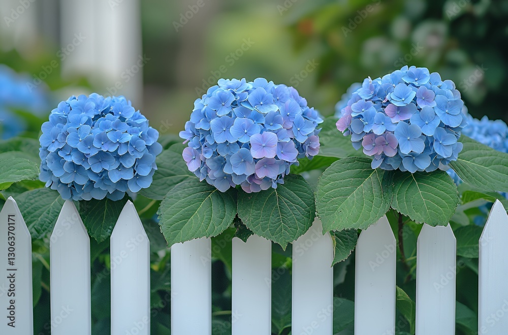 Vibrant Blue Hydrangeas Blooming Against a White Picket Fence in a ...
