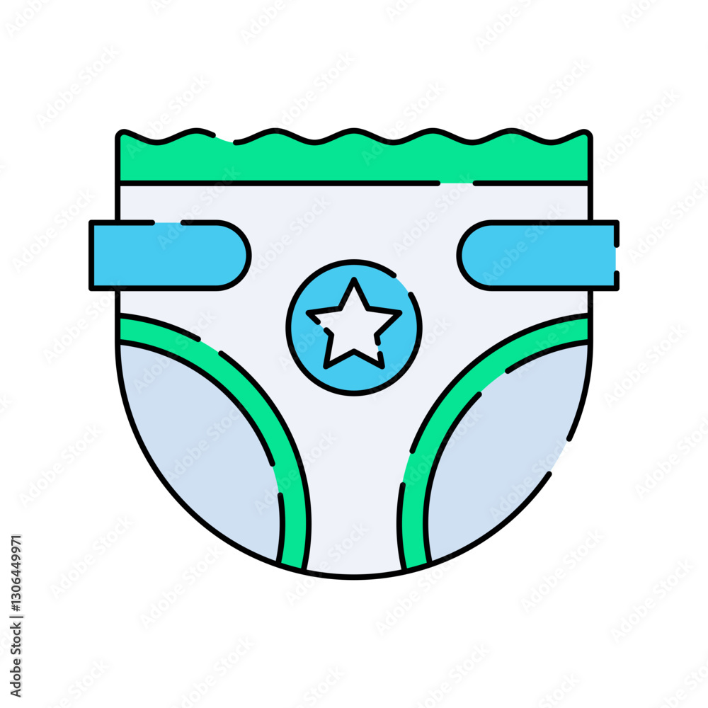 Baby Diaper Flat design style, white and blue diaper with a star emblem ...
