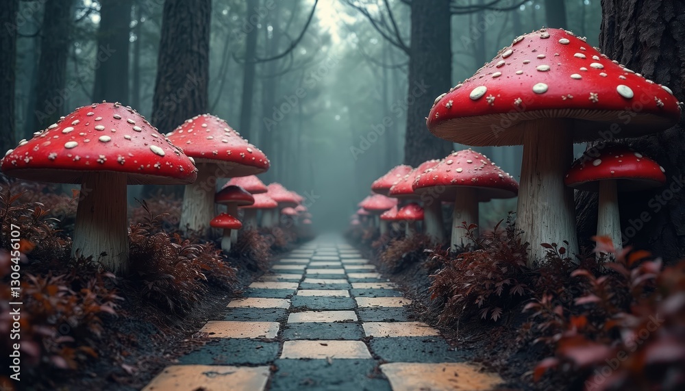 Pathway through enchanted forest with giant red toadstools. Checkered ...