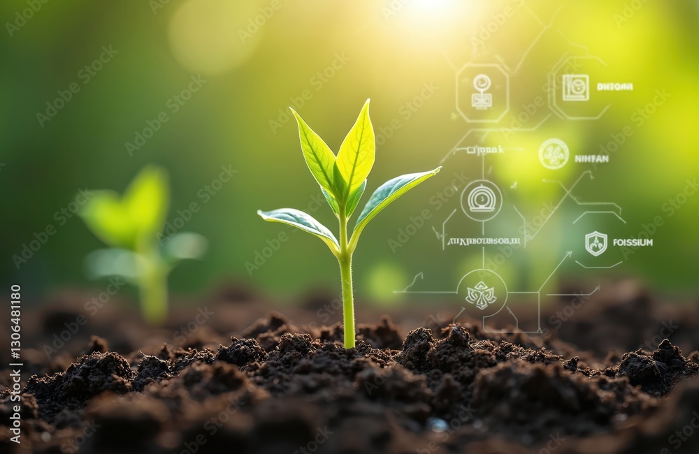 Plant sprout in soil, digital mineral nutrients icons overlay ...
