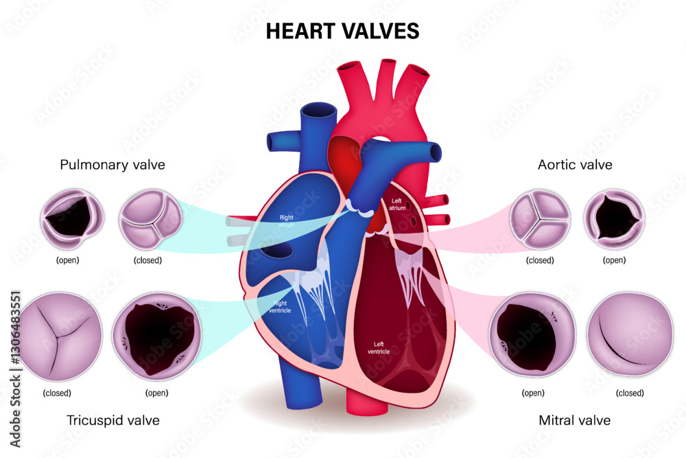 Human heart valve. Pulmonary valve, Aortic valve, Tricuspid valve and ...