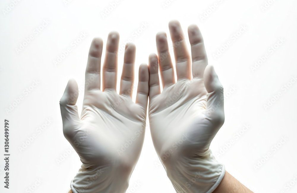 Hands in white latex gloves up, isolated on white. Open male arms ...