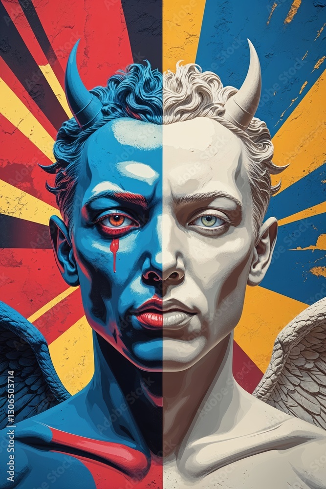 Symbolic split portrait of a man depicting duality between angel and ...