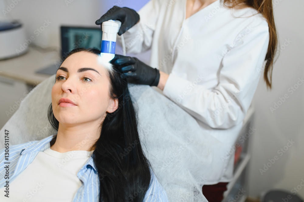 Hair doctor checking hair. Diagnostics hair and scalp. Trihoskopiya ...