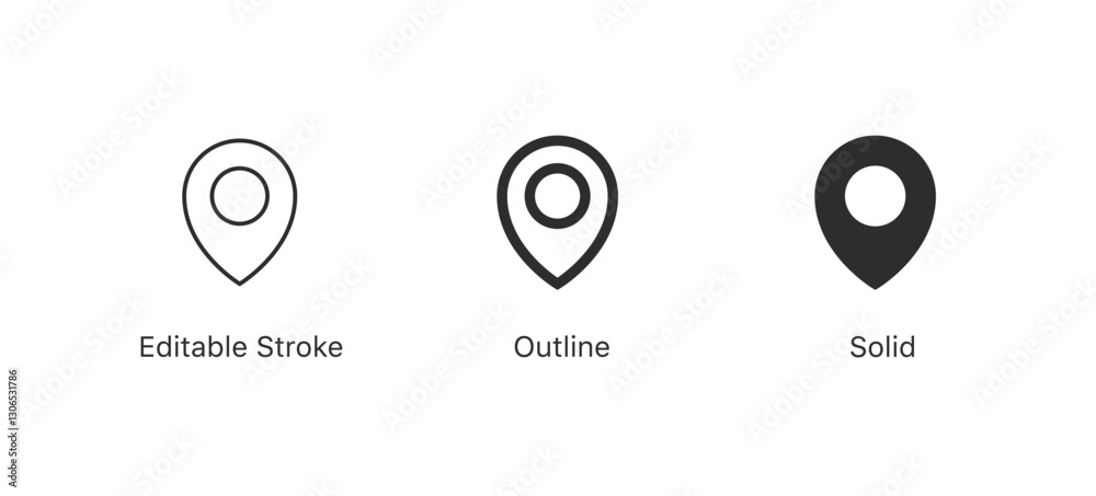 location pin icon in editable stroke, outline, and filled styles. for ...