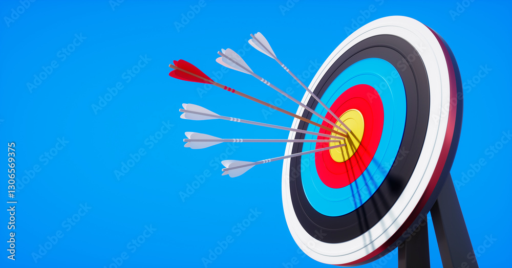 Archery target with hits by several arrows in the sun against a clear ...