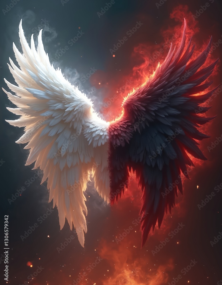 Dramatic concept art featuring glowing white angel wings contrasting ...