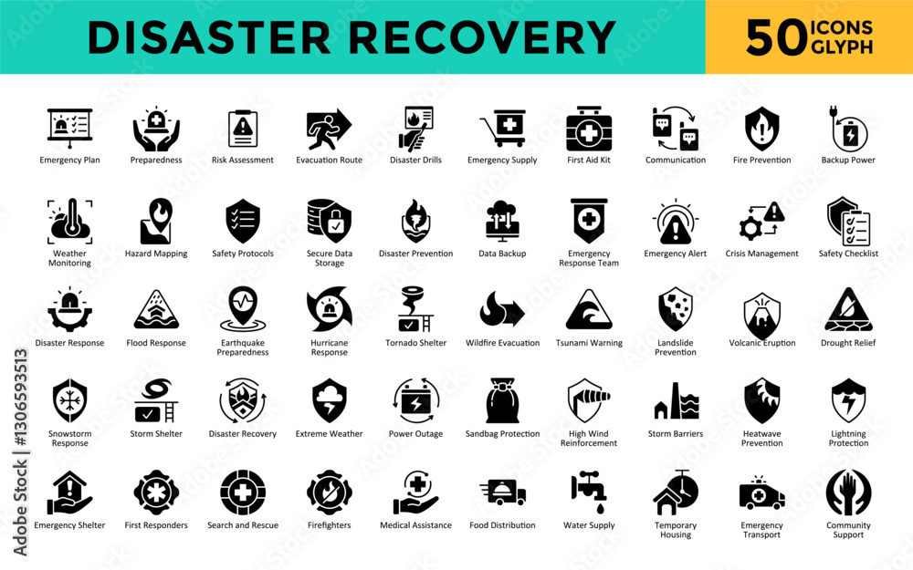 Disaster Recovery icons set with emergency plan, preparedness, risk ...