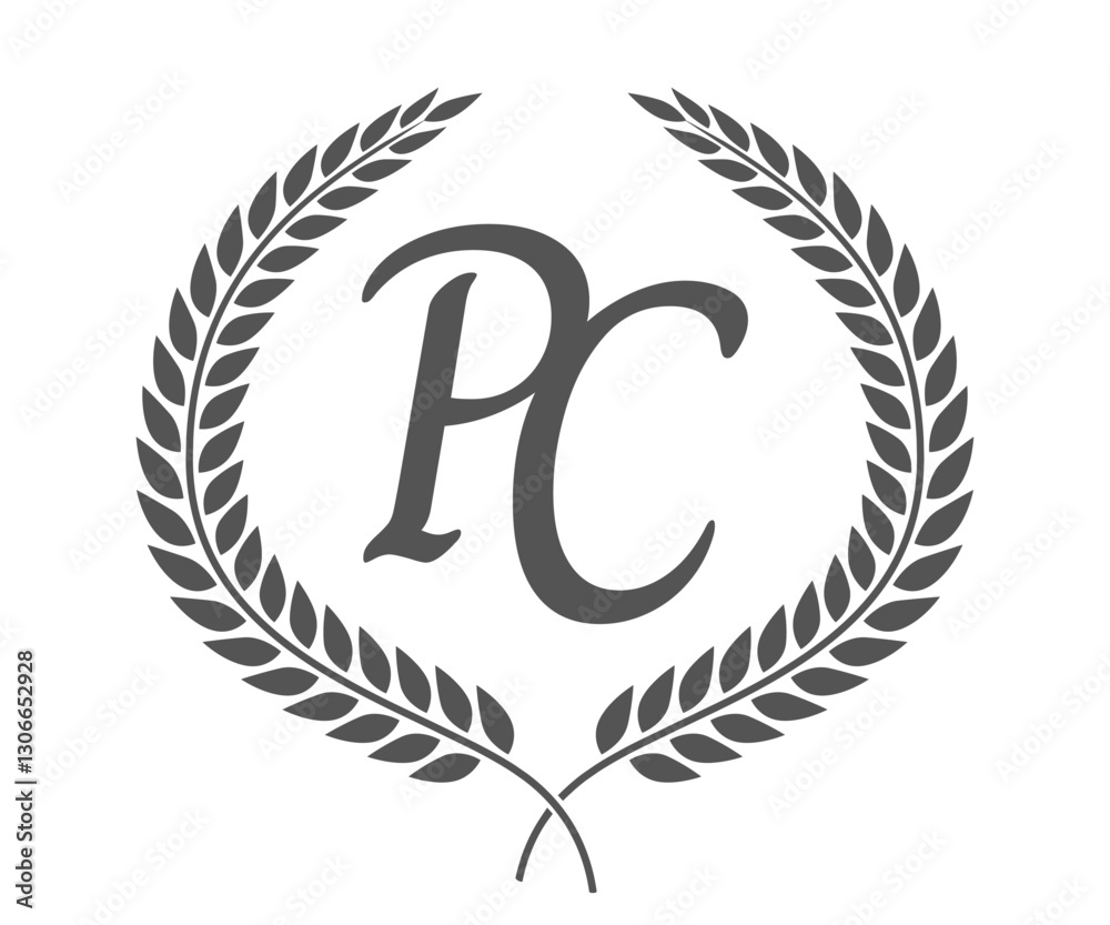 Initial letter P and C, PC monogram logo design with laurel wreath ...
