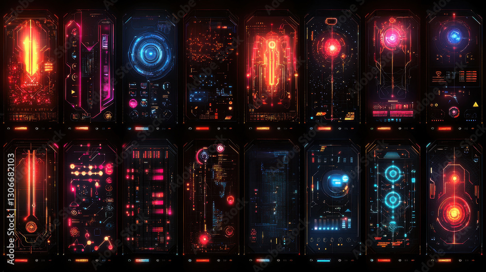 Futuristic technology interface with glowing neon elements and digital ...