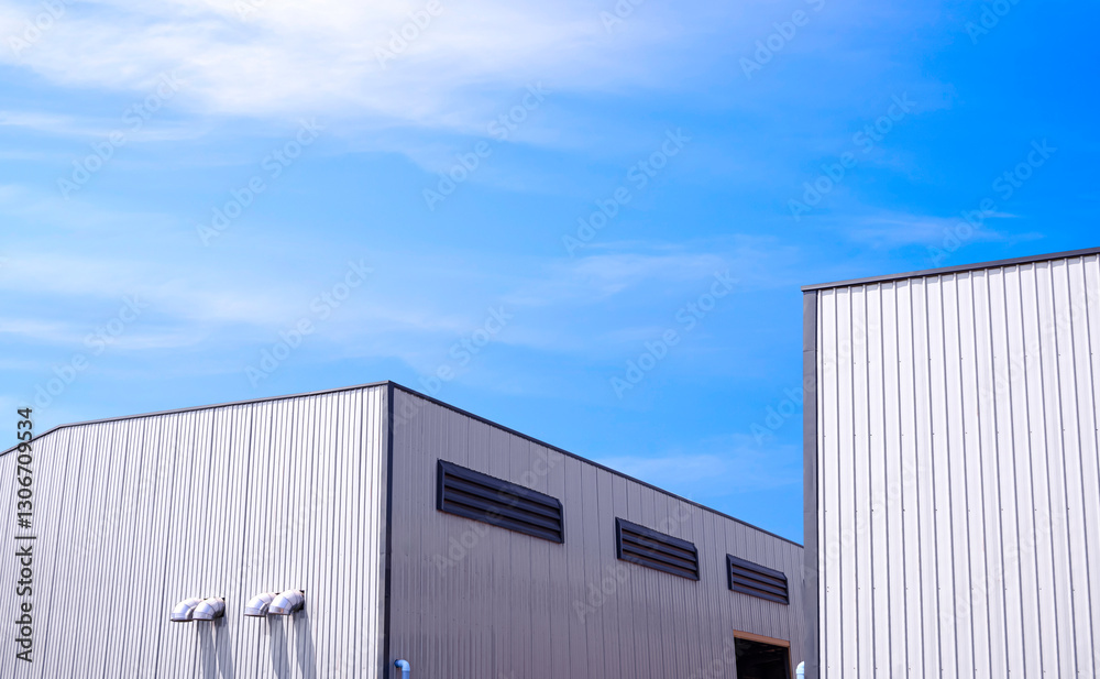 Two white factory industrial buildings structure with ventilation duct ...