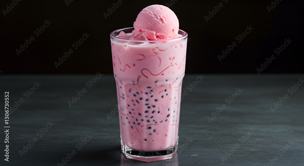 Refreshing pink falooda drink with ice cream and seeds cold food milk ...