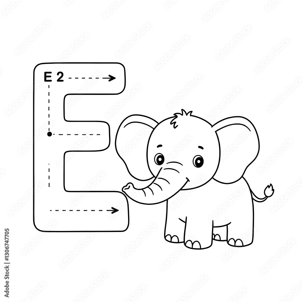 Cute elephant tracing uppercase letter e worksheet for kids Stock ...