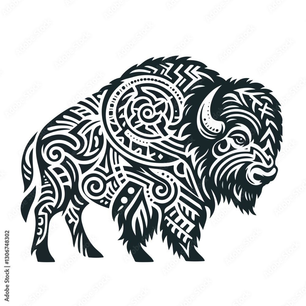 Tribal Bison: A bold and powerful illustration of a bison in a tribal ...
