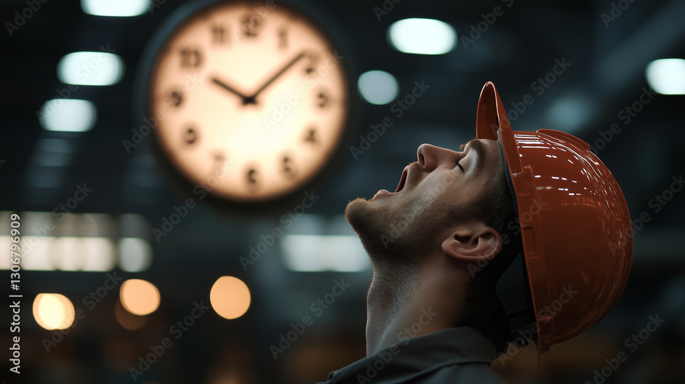 Factory worker yawning on an assembly line as clock nears midnight ...