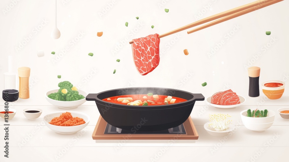 18.A clean and modern vector illustration of a hot pot with chopsticks ...