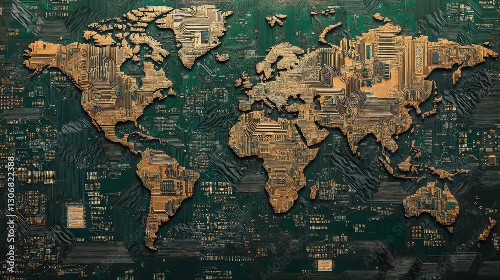 World map constructed from intricate circuit board patterns ...