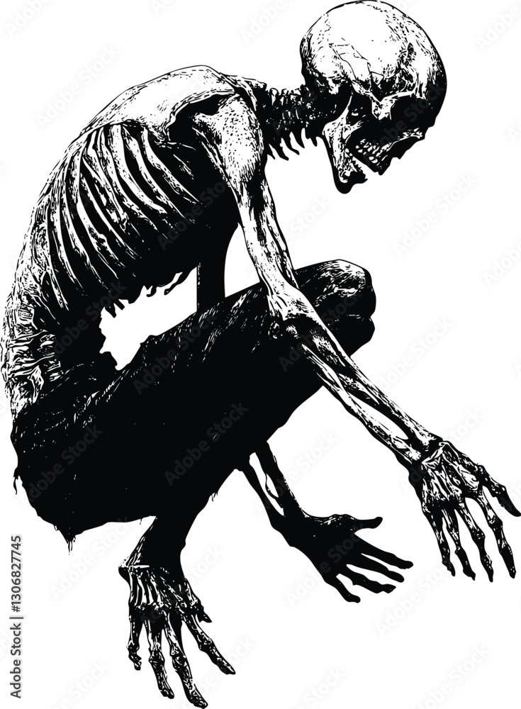Grim black and white illustration of a crouching skeletal creature with ...