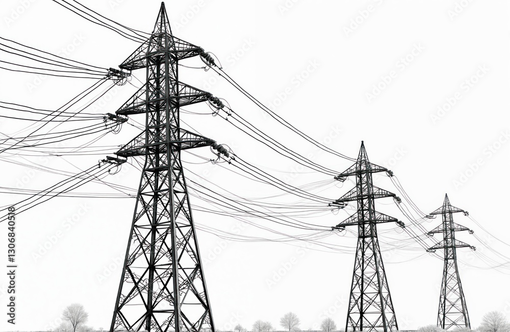 High voltage power lines form complex web connecting electrical grid ...