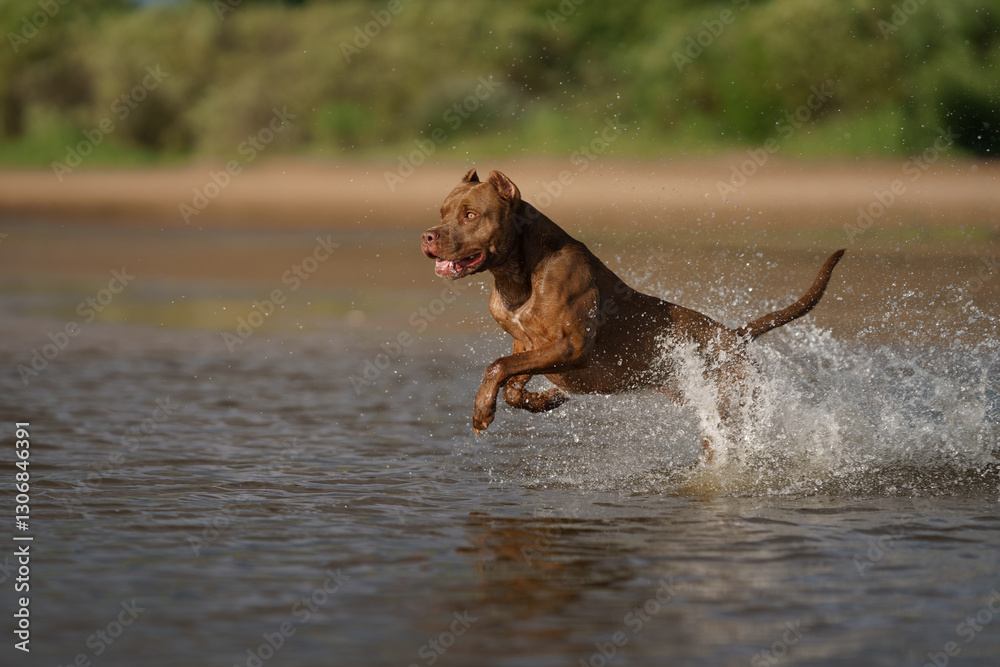 dog running on water on beach. active pit bull terrier outdoors Stock ...