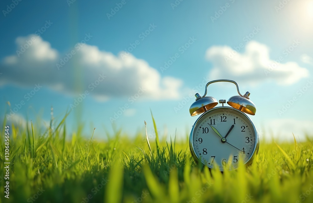 Alarm clock in green grass against bright blue sky with clouds. Time ...